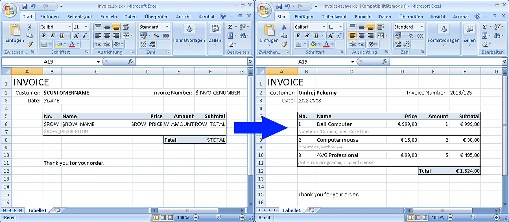 From xlsx invoice with merge tokens to invoice. Help in .net to work ...
