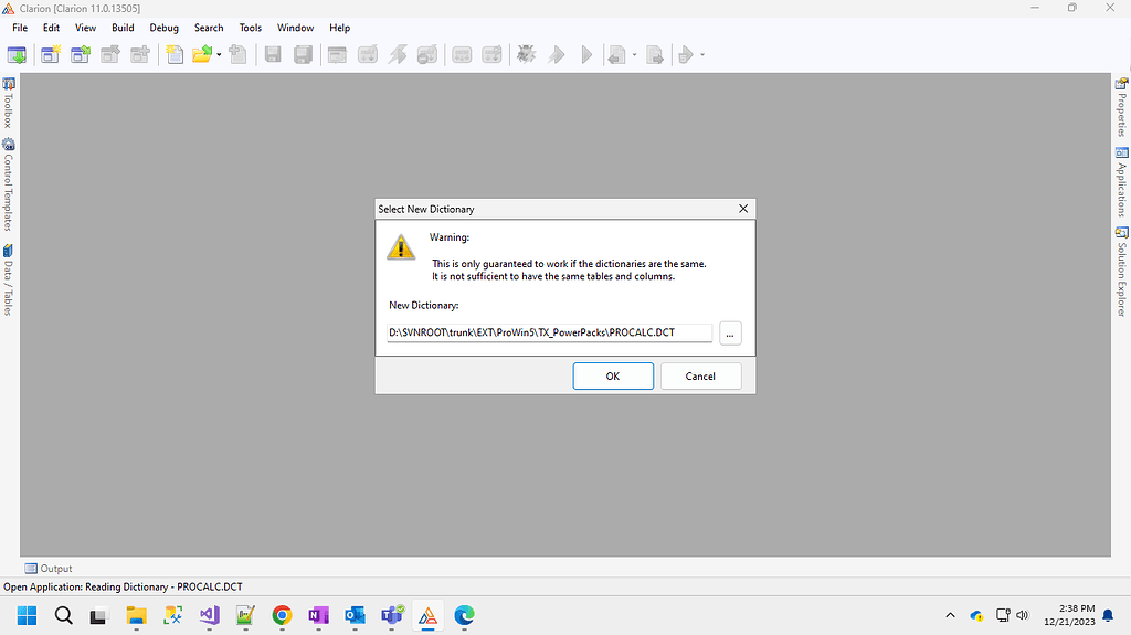 Opening C8 APP in Clarion 11 shows Select New Dictionary Warning ...