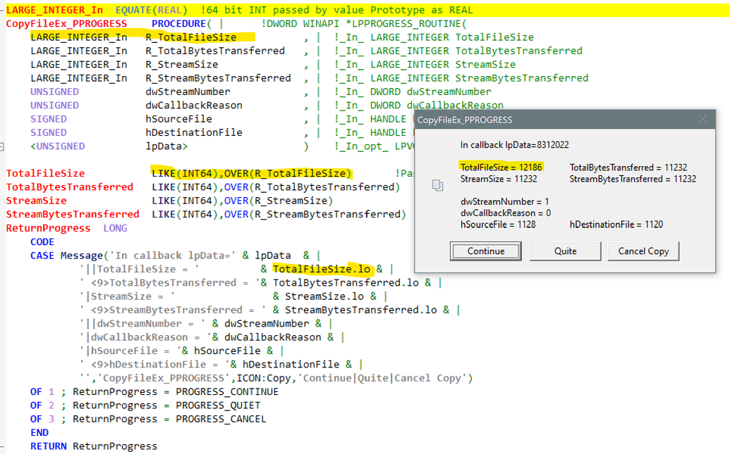 Windows API help with CopyFileExA() and Callback to show Progress - questions - ClarionHub
